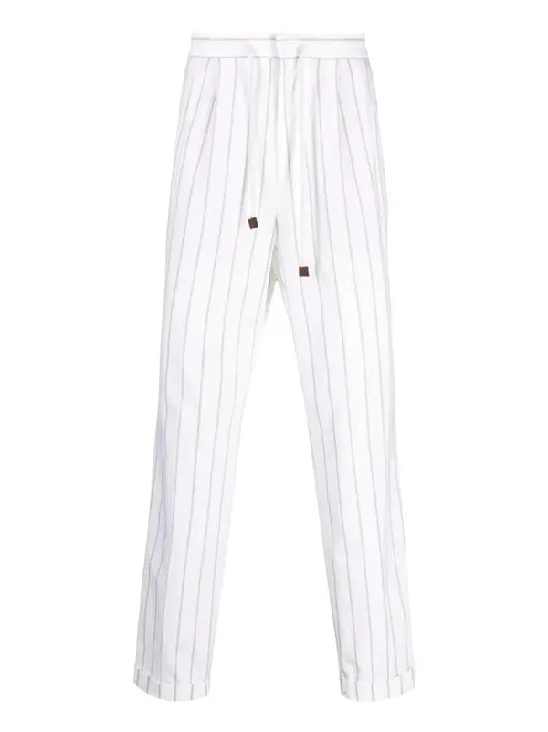 Brunello Cucinelli Striped Drawstring Cotton Trousers - White