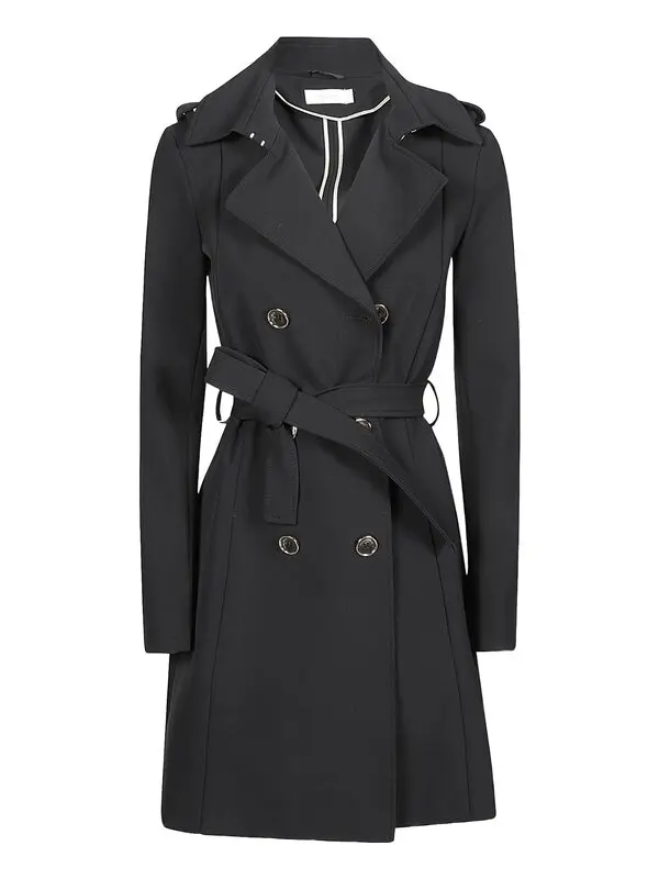 Patrizia Pepe Double-breasted Coat With Lapel And Waistband Trim - Black