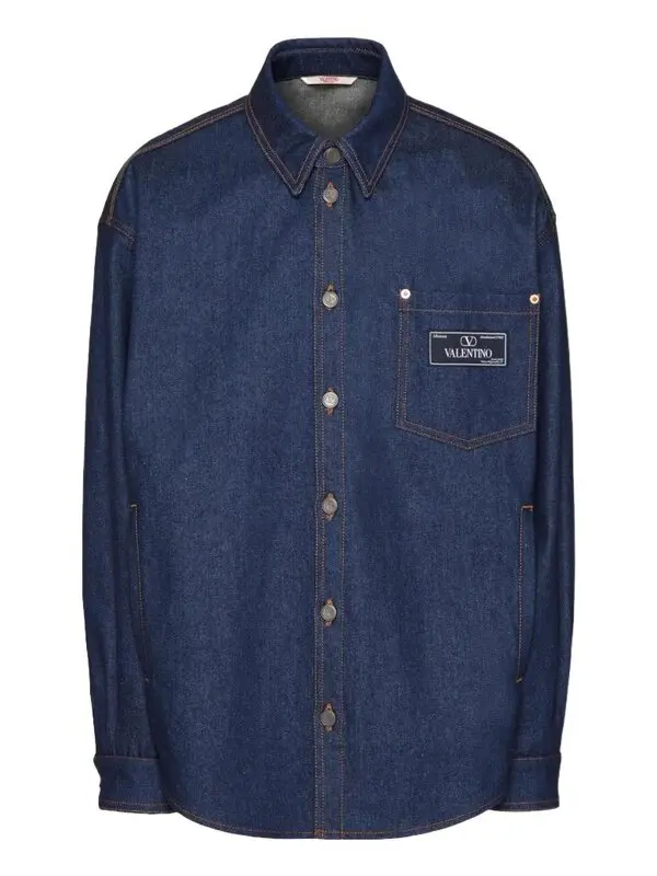 Valentino Garavani Logo Patch Long-sleeved Denim Shirt - Blue