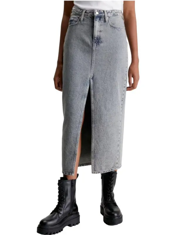 Calvin Klein Denim Maxi Skirt With Front Slit - Gray