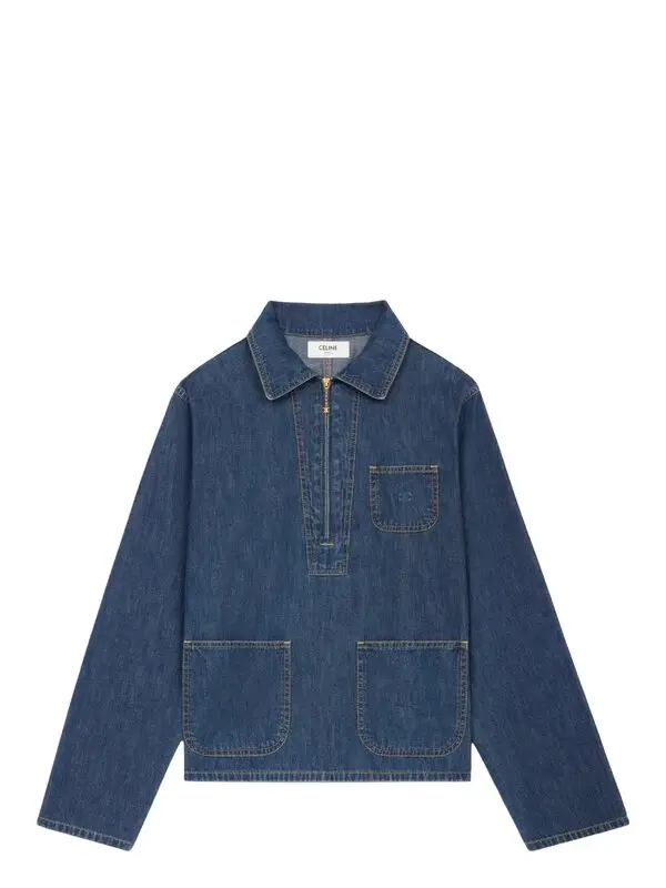Celine Quarter Zip Denim Shirt With Triomphe Embroidery - Dark Ocean Wash