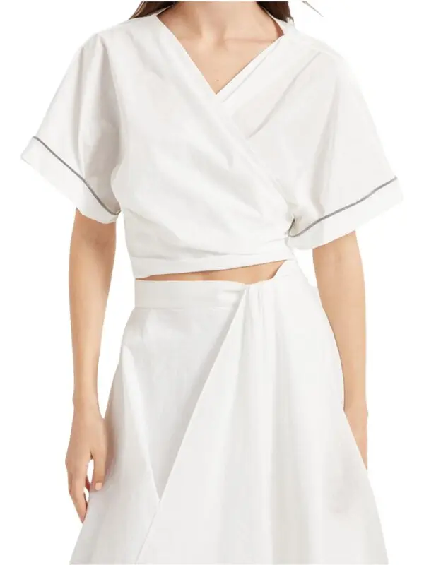Brunello Cucinelli Kimono-style Poplin Top With Shiny Trim - White
