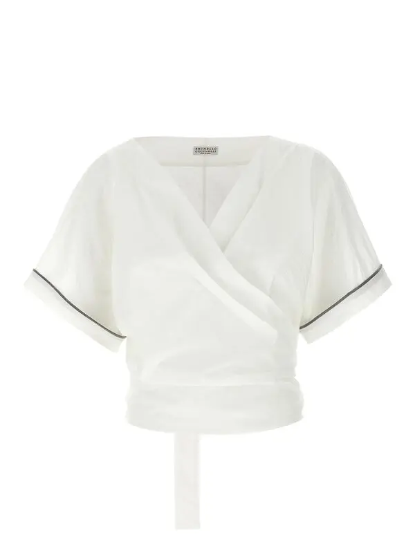 Brunello Cucinelli Kimono-style Poplin Top With Shiny Trim - White