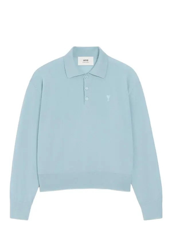 Ami Logo Embroidered Knitted Polo Shirt - Blue