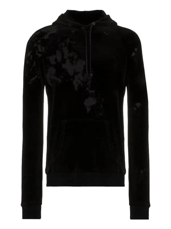 Saint Laurent Distressed Velvet Drawstring Hoodie - Black