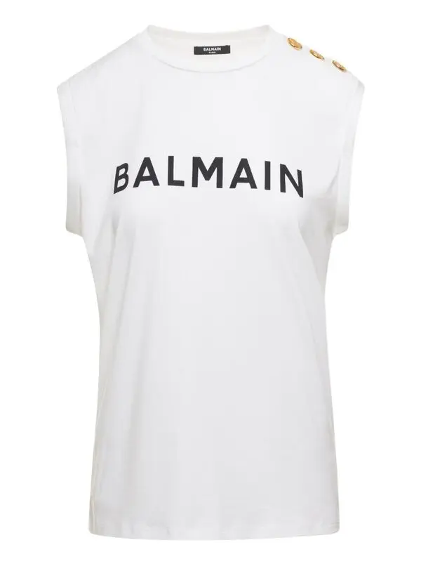 Balmain Logo Print Sleeveless Tank Top - White