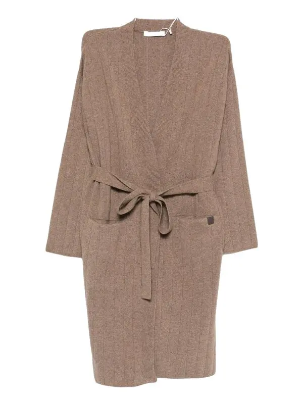 Max Mara Ribbed Belted Cardigan With Lace-up Detail - Brown