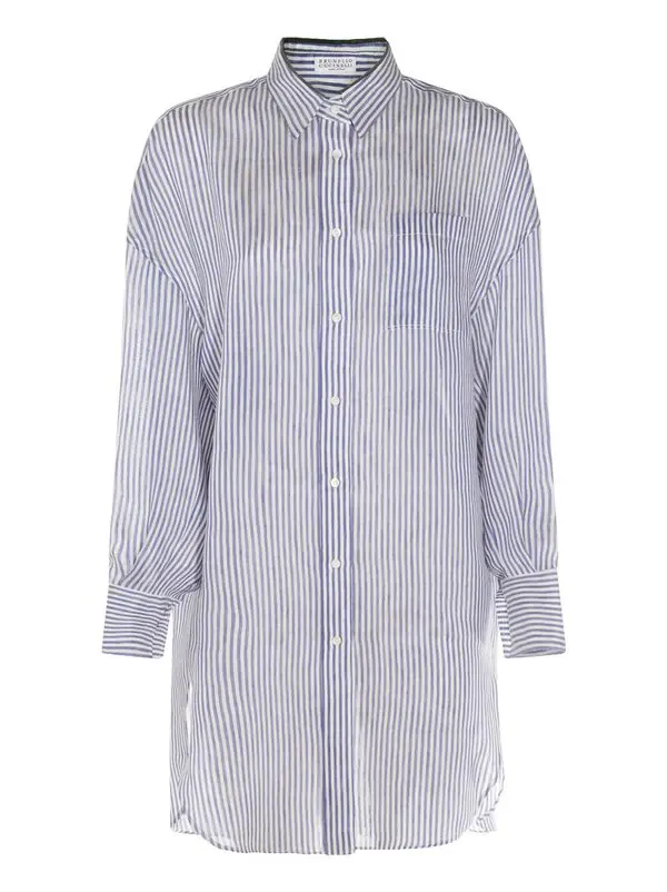 Brunello Cucinelli Monili-trim Striped Long Shirt - Sky-blue