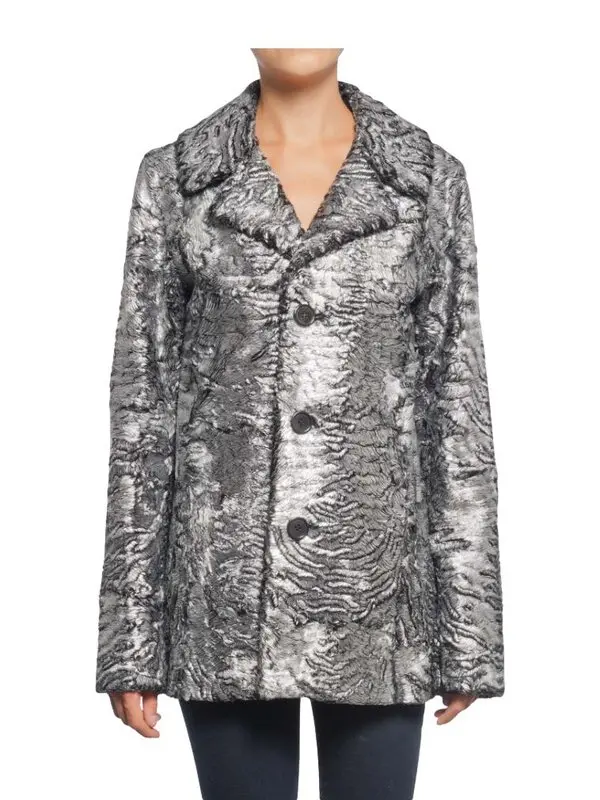 Saint Laurent Metal Effect Fur Coat - Gray