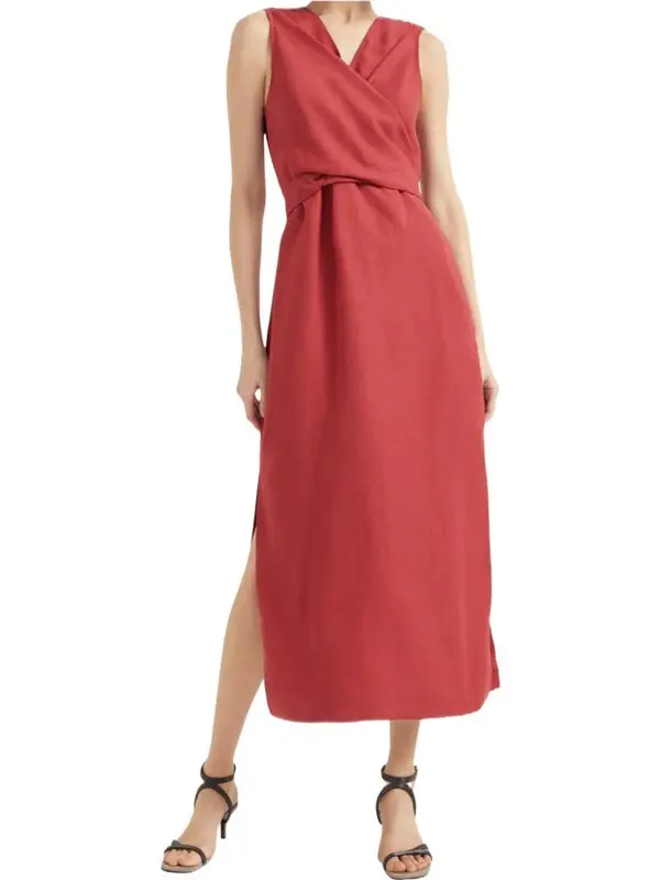 Brunello Cucinelli Sleeveless Fluid Twill Wrap-effect Midi Dress With Slit Skirt - Red