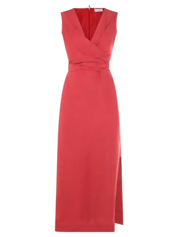 Brunello Cucinelli Sleeveless Fluid Twill Wrap-effect Midi Dress With Slit Skirt - Red
