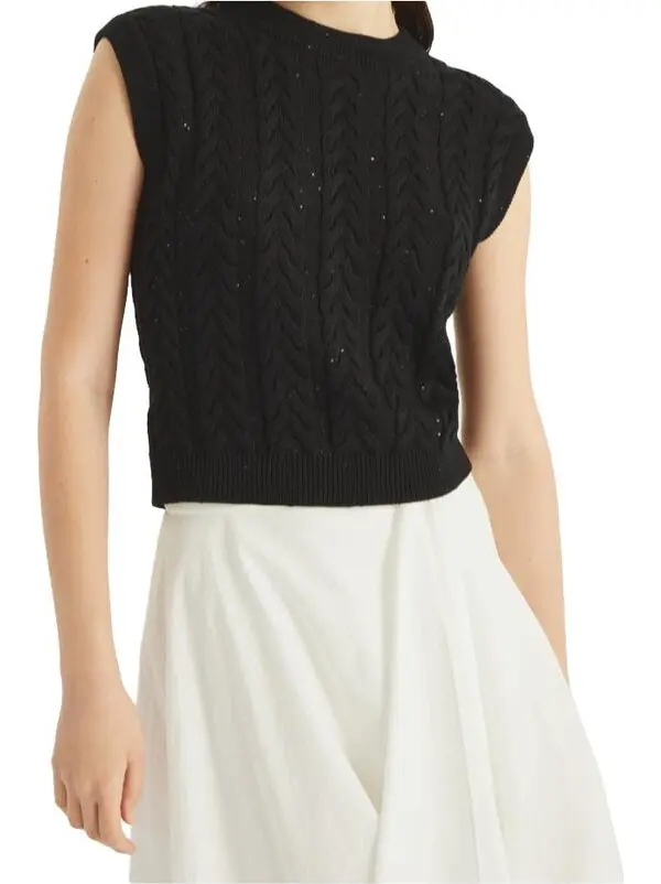 Brunello Cucinelli Sleeveless Double Cable Vest With Metallic Embellishments - Black