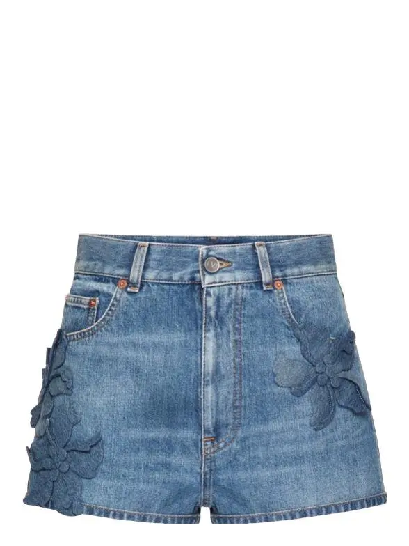 Valentino Garavani Medium Blue Denim Shorts With Petal Appliqu - Dark Denim