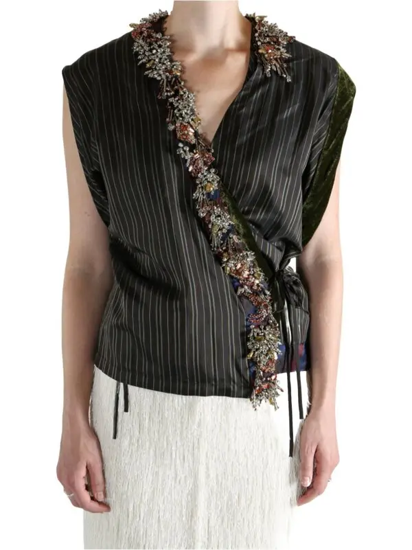 Dries Van Noten Embellished Striped Wrap Top - Black