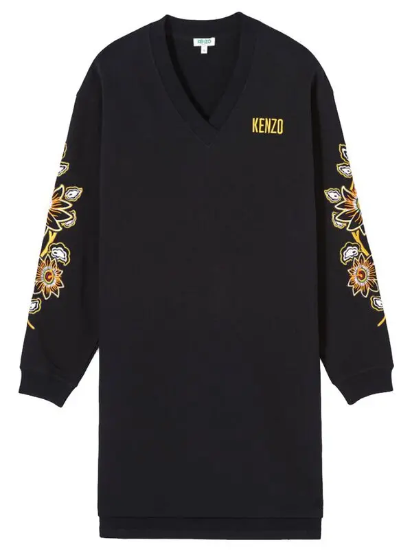 Kenzo V-neck Embroidered Flower Logo Dress - Black