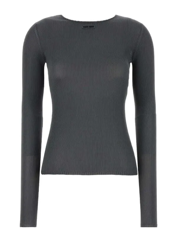 Miu Miu Ribbed Long Sleeve Top With Logo - Slate Grey