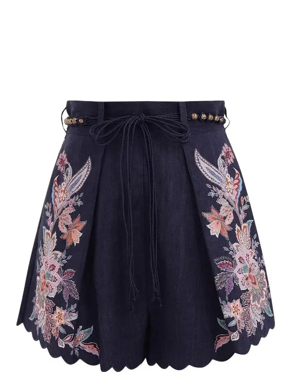 Zimmermann Rhiannon Tuck Shorts With Embroidery - Navy Blue Multicolored Paisley Pattern