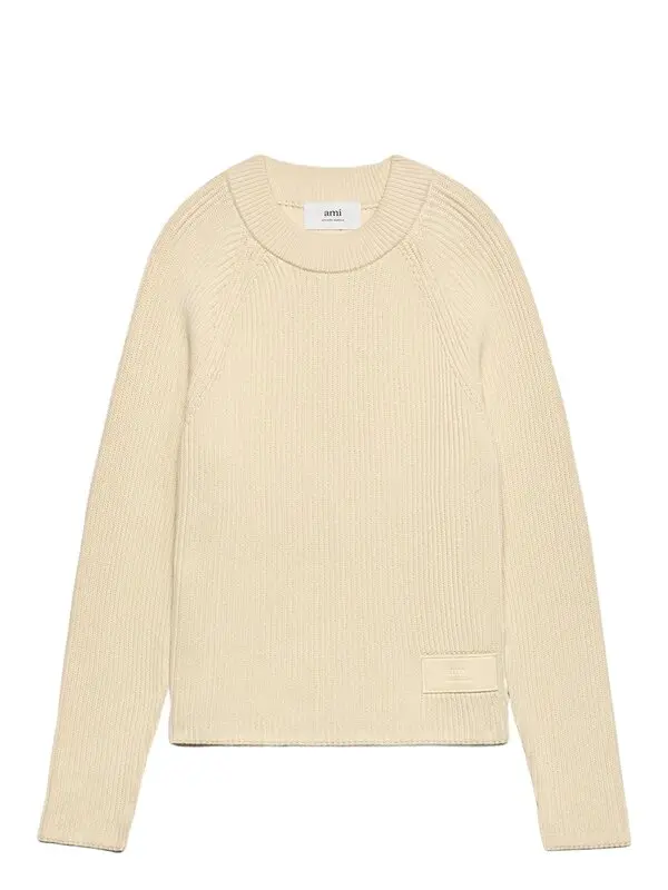 Ami Crewneck Knitted Jumper With Ribbed Details And Logo Applique - Nude