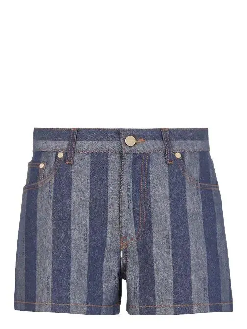 Fendi Logo Embroidered Striped Denim Shorts - Blue