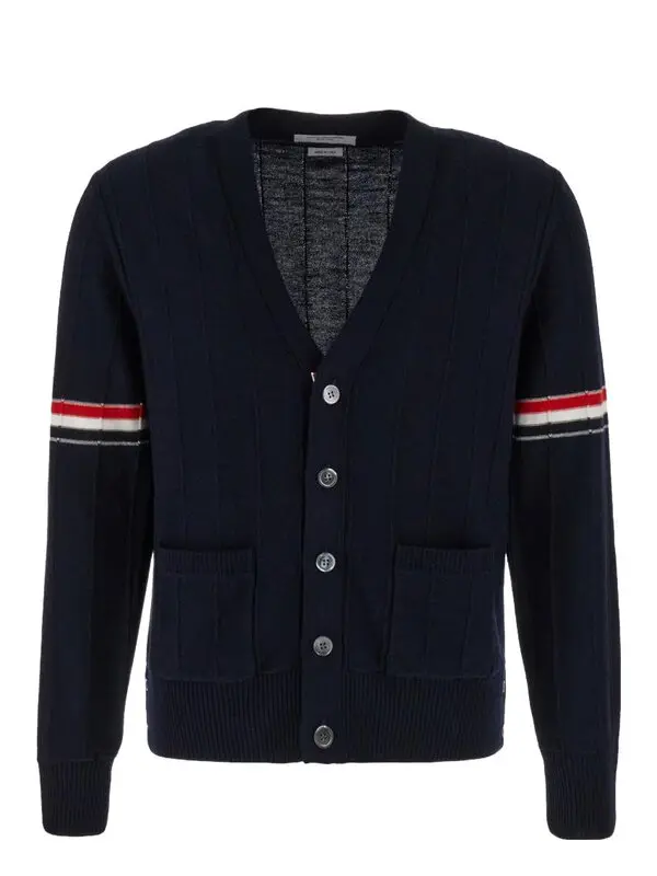 Thom Browne V-neck Cardigan With Striped Sleeves - Navy Blue