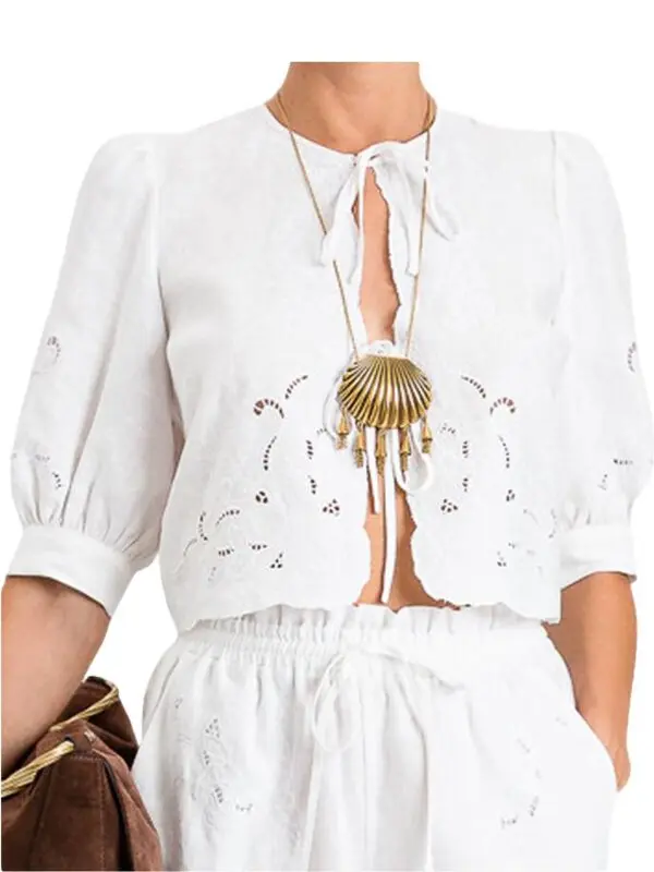 TWINSET Embroidered Linen Shirt With Puff Sleeves And Bow Details - White