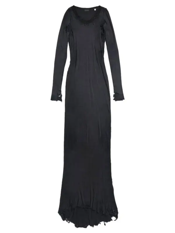 Balenciaga Long-sleeved Maxi Dress With Lace Neckline And Distressed Details - Black