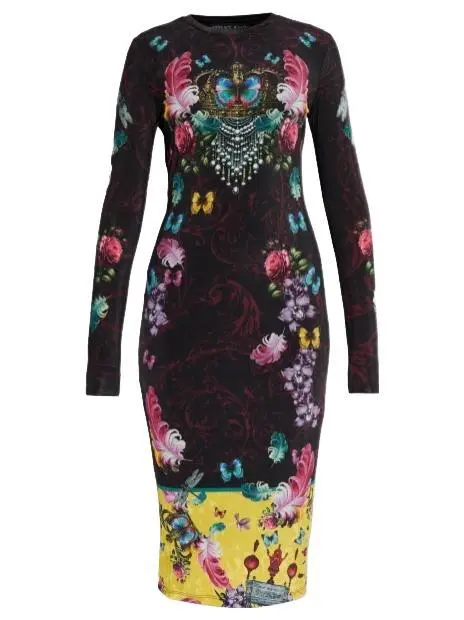 Versace Graphic Detail Long Sleeve Midi Dress - Black