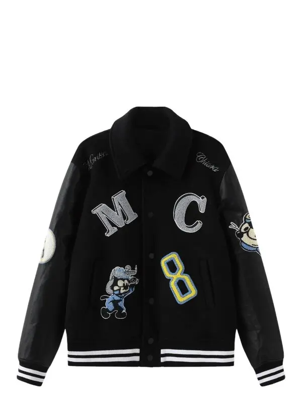Marissa Chiara Long-sleeved Varsity Jacket With Cartoon Cat Embellishments - Black