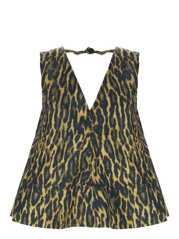 GANNI Leopard Print Sleeveless V-neck Top With Back Tie Closure - Green