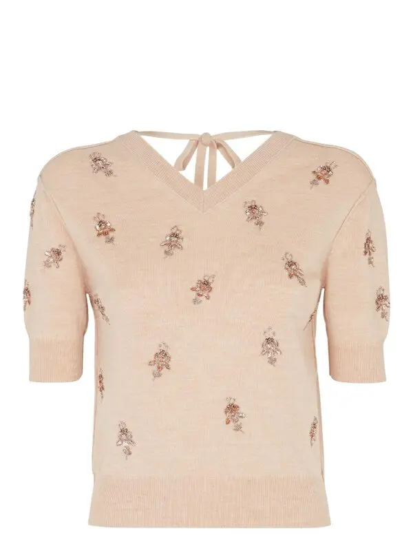 Fendi Short Sleeve V-neck Embellished Knit Top - Pink