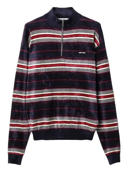 Miu Miu Chenille Striped Half-zip Sweater - Navy Blue