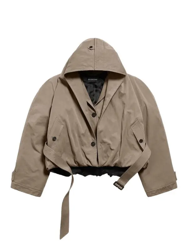 Balenciaga Flipped Hooded Trench Coat - Dark Beige