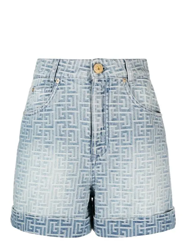 Balmain Monogrammed High-waisted Denim Shorts - White