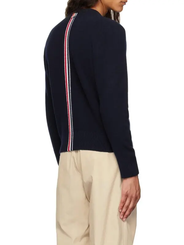 Thom Browne V-neck Knitted Cardigan With Striped Placket And Trim - Navy Blue