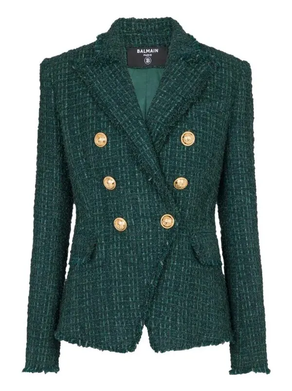 Balmain Double Breasted Tailored Tweed Jacket - Green