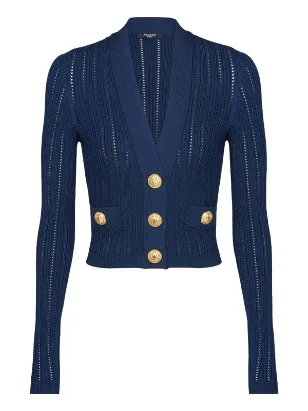 Balmain Cropped Knit Cardigan With Gold Lion Head Buttons - Blue