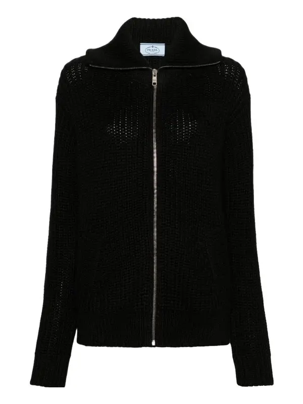Prada Enamel Triangle Zip-up Cardigan - Black