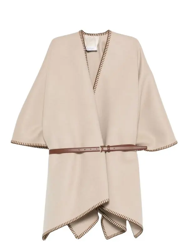 Max Mara Wool Poncho With Belt And Logo Embroidery - Beige