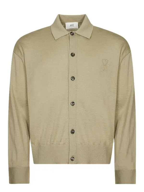 Ami Long-sleeved Button-up Cardigan With Lapel Collar - Green