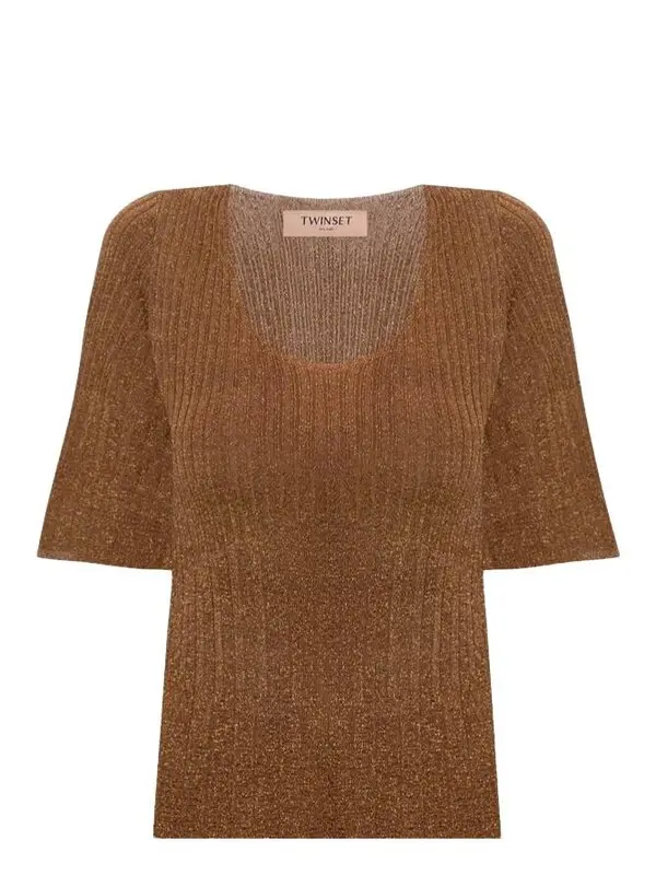 TWINSET Ribbed Knit Lurex Top With Flared Sleeves - Brown