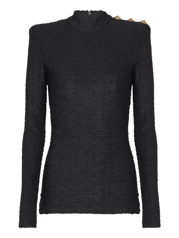 Balmain High Neck Monogram-pattern Long Sleeve Top - Black
