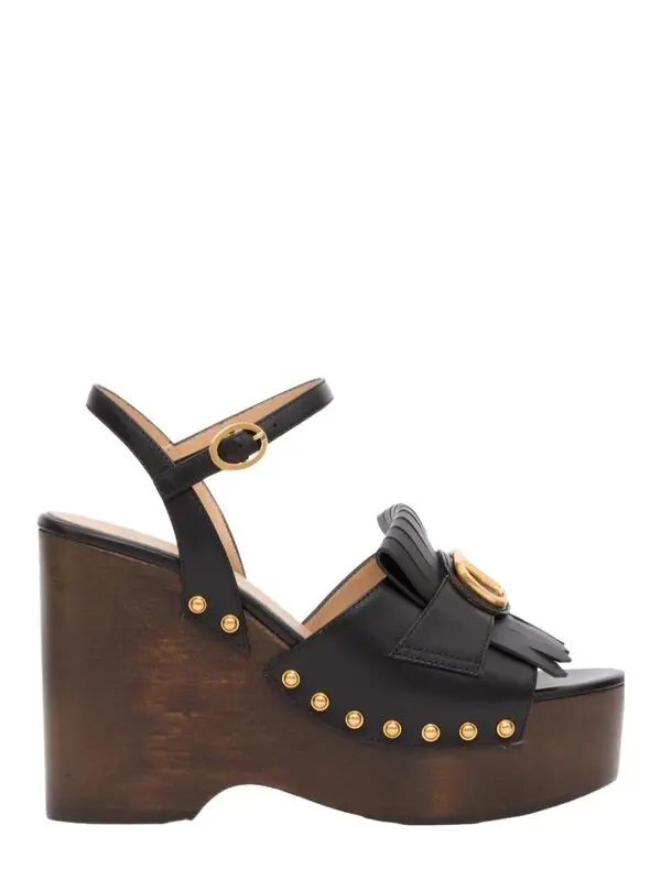 Valentino Garavani Vlogo Plaque Fringed Wedge Sandals - Black