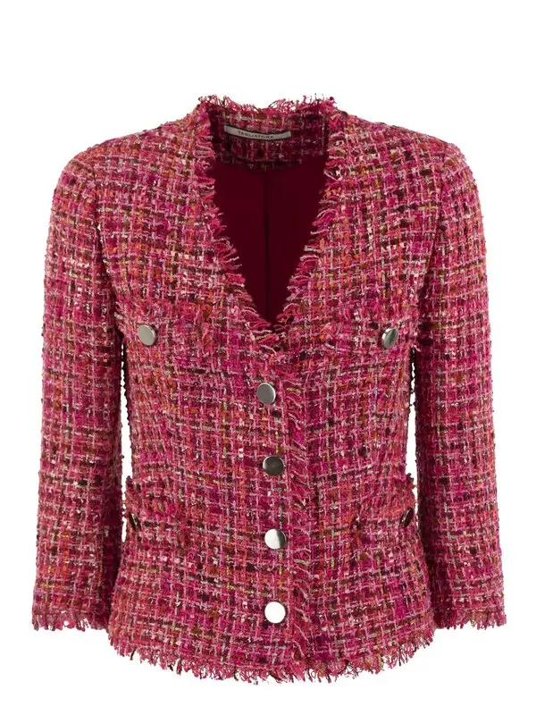 Tagliatore V-neck Tweed Jacket With Fringed Edges - Red