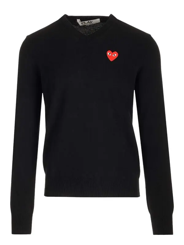 Play Comme Des Garcon Long Sleeve V-neck Sweater With Logo - Black