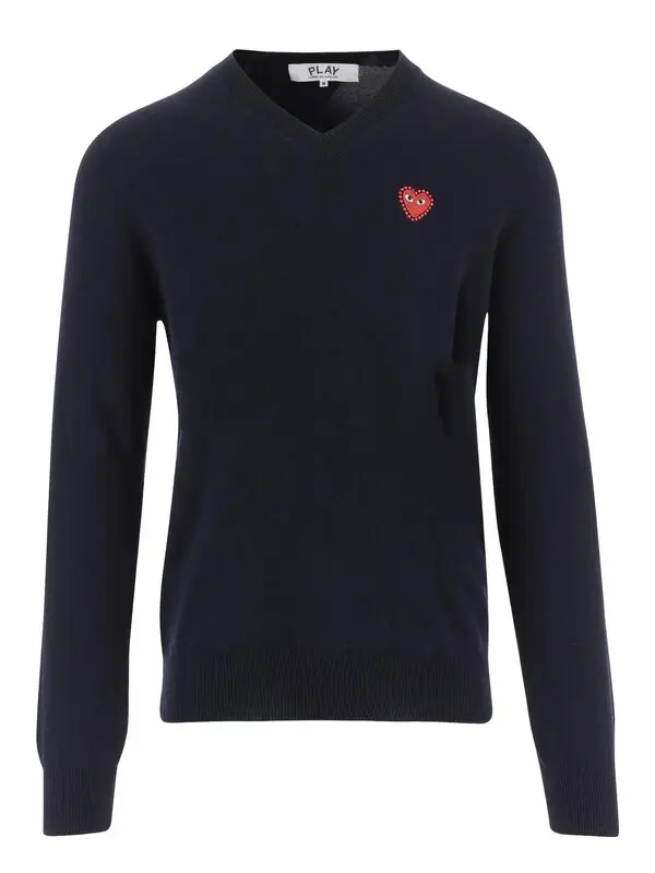 Play Comme Des Garcon V-neck Jumper With Heart Emblem - Navy Blue