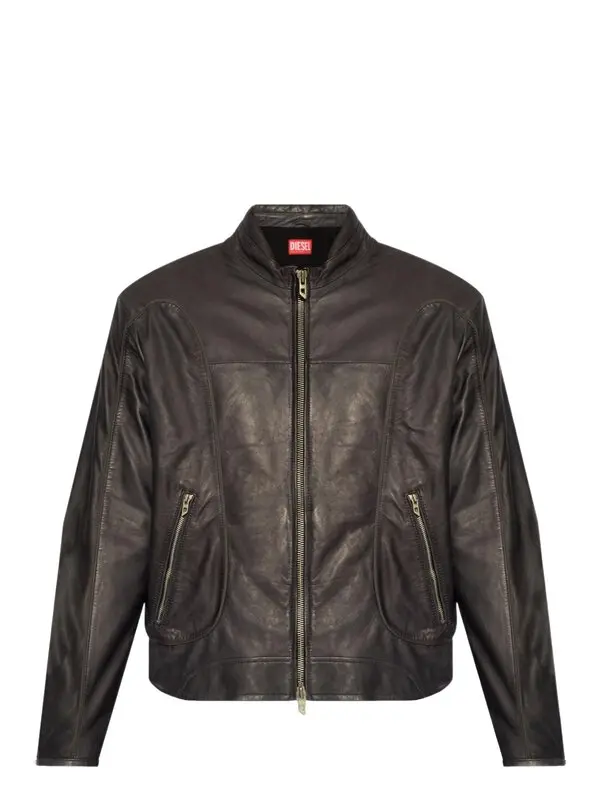DIESEL® L-krix Leather Biker Jacket With Zip Closure And Logo Details - Black