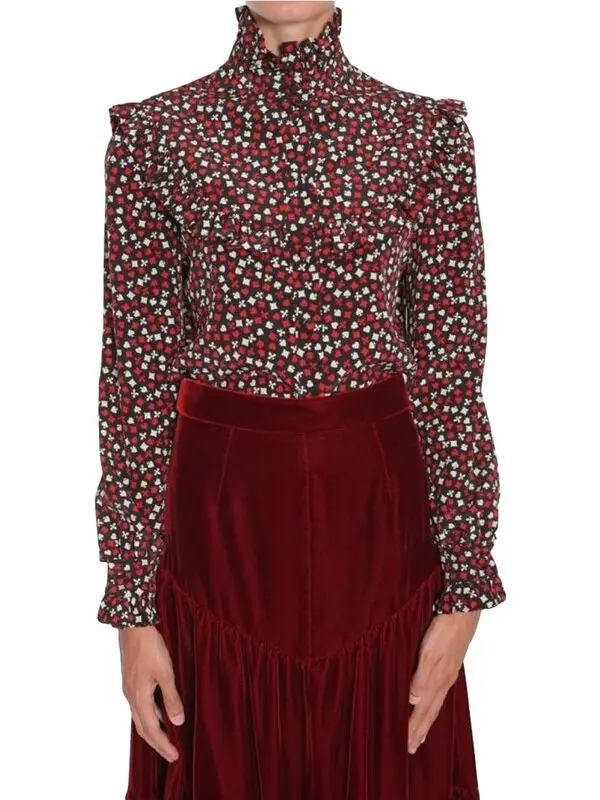 Saint Laurent Ruffle Trim Printed Blouse - Red