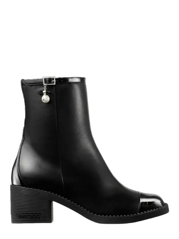 JIMMY CHOO Patent Cap Toe Zipper Ankle Boots With Pearl Detail - Black
