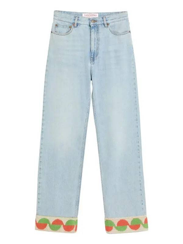 Valentino Garavani Jacquard Trim Straight Leg Jeans - Light Blue