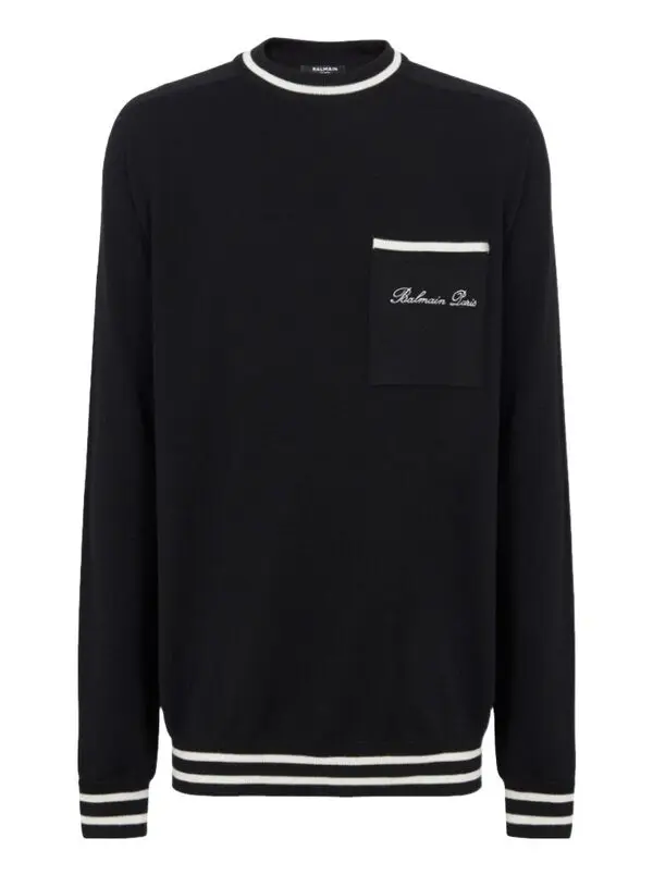 Balmain Knitted Jumper With Logo Embroidery And Contrast Trims - Black
